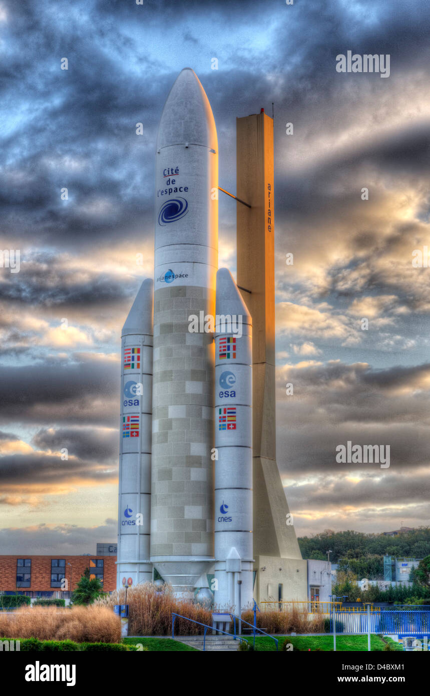 An Ariane 5 rocket at sunset at Cité de l'Espace in Toulouse, France ...