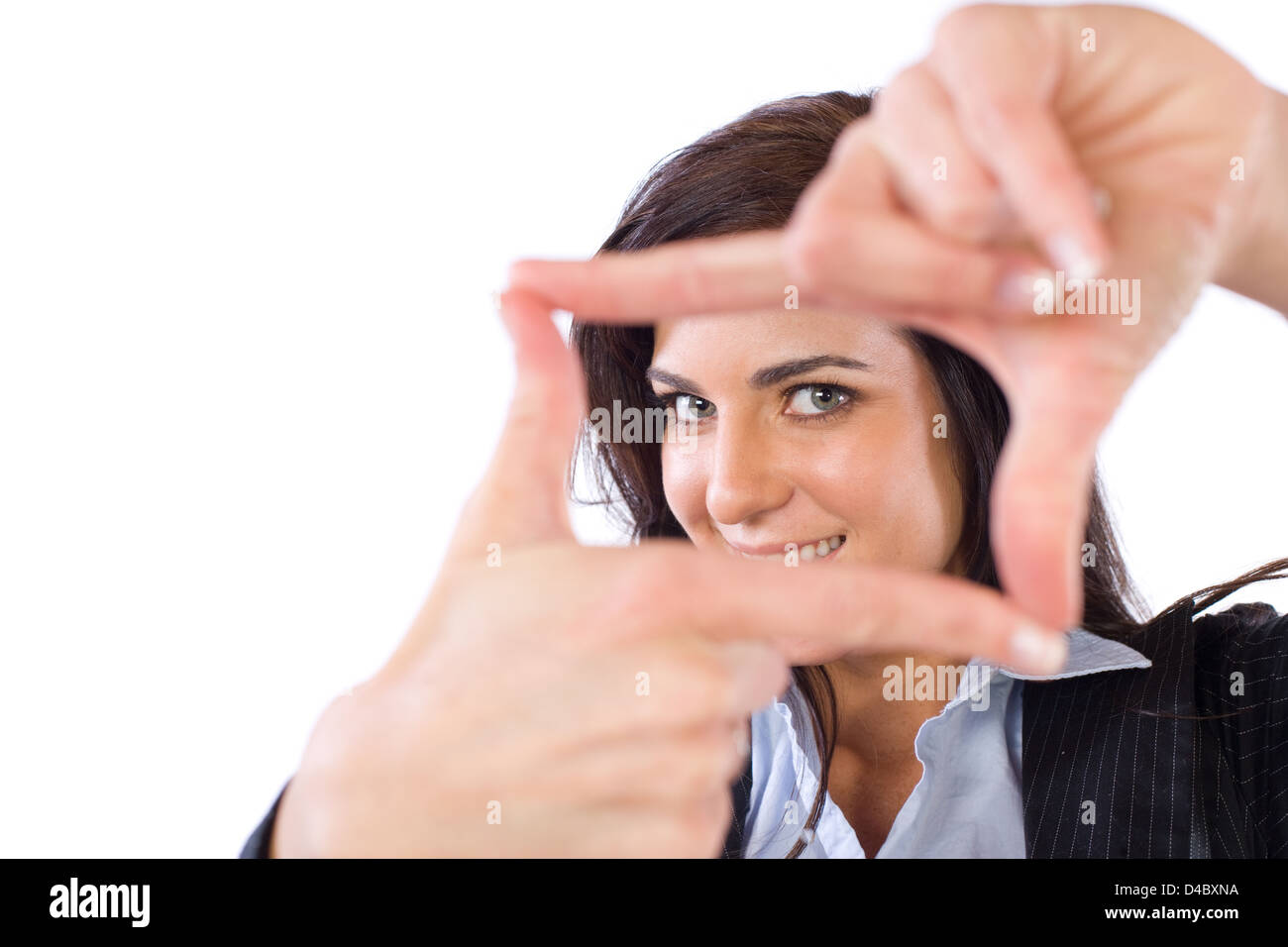 Woman looking for the angle isolated on white Stock Photo - Alamy