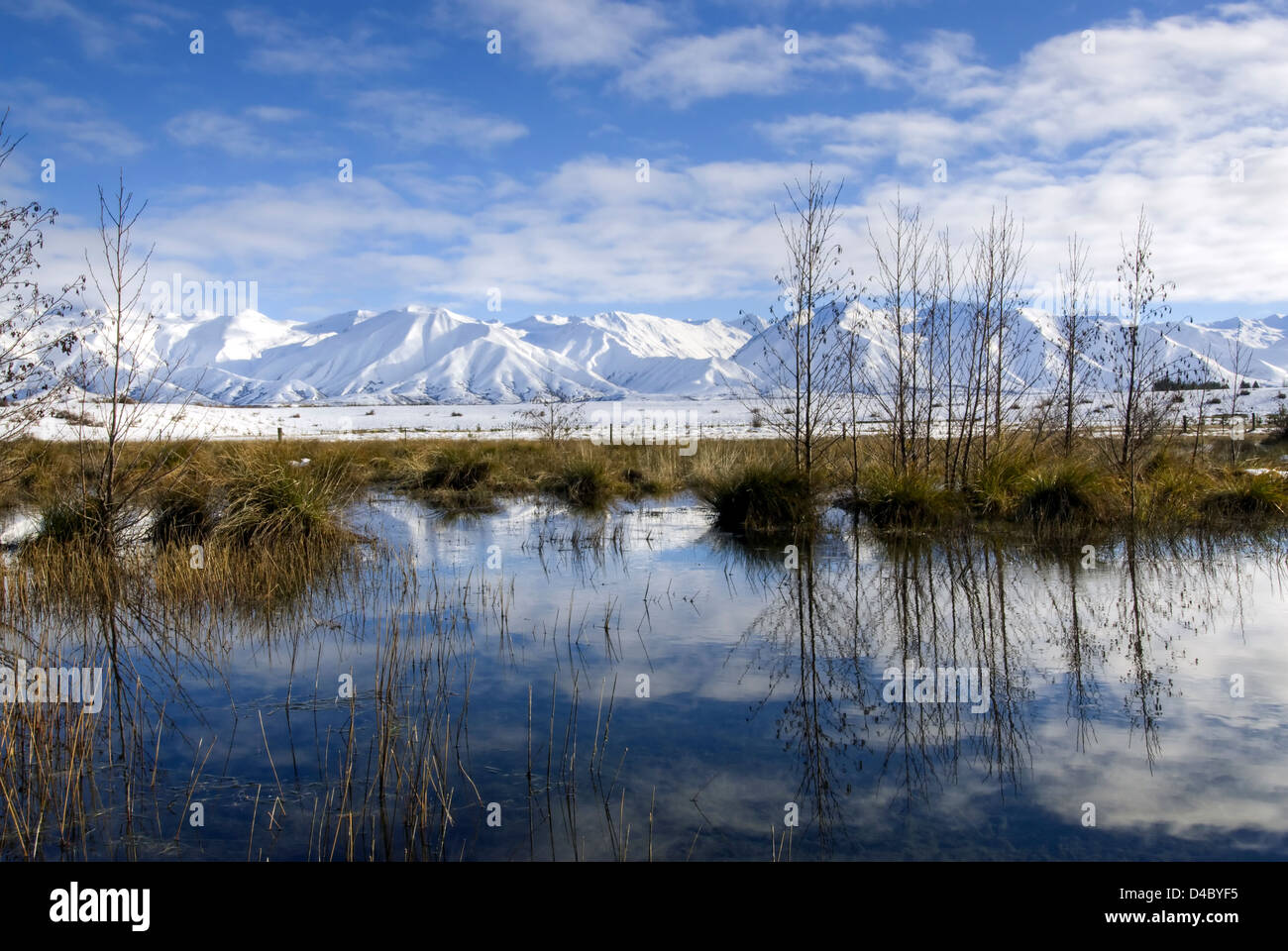 Ben Ohau Range reflected in wetlands, Mackenzie Country, South Island ...