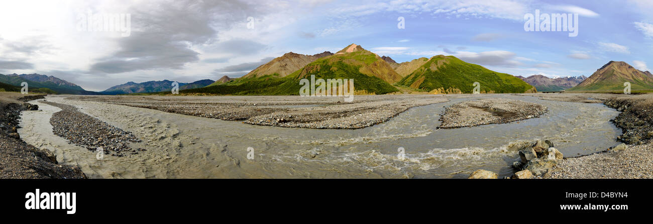 Panorama view of braided Toklat River drains the Alaska Range, Denali ...