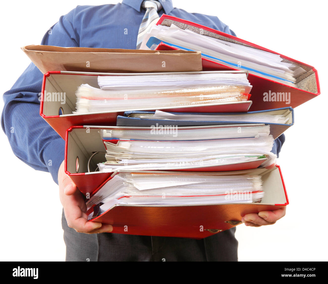 Man holding stack of folders. Pile with old documents and bills ...