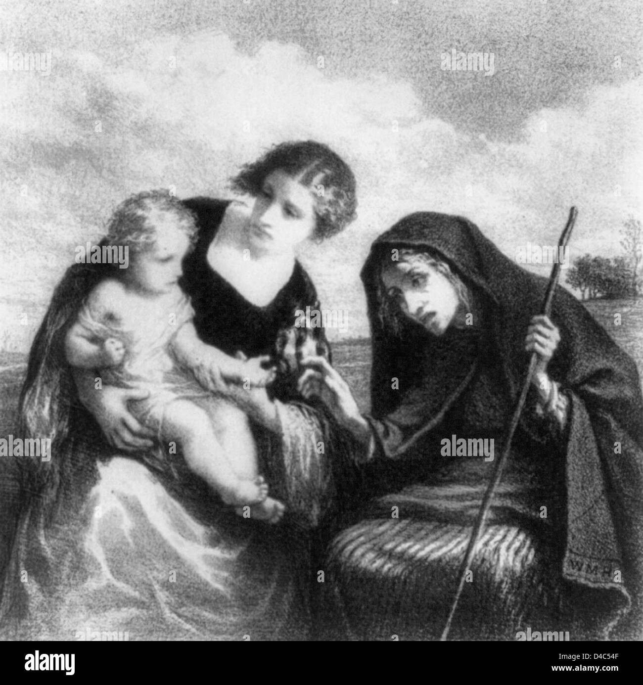 The fortune teller - Woman examining palm of small boy in mother's arms ...