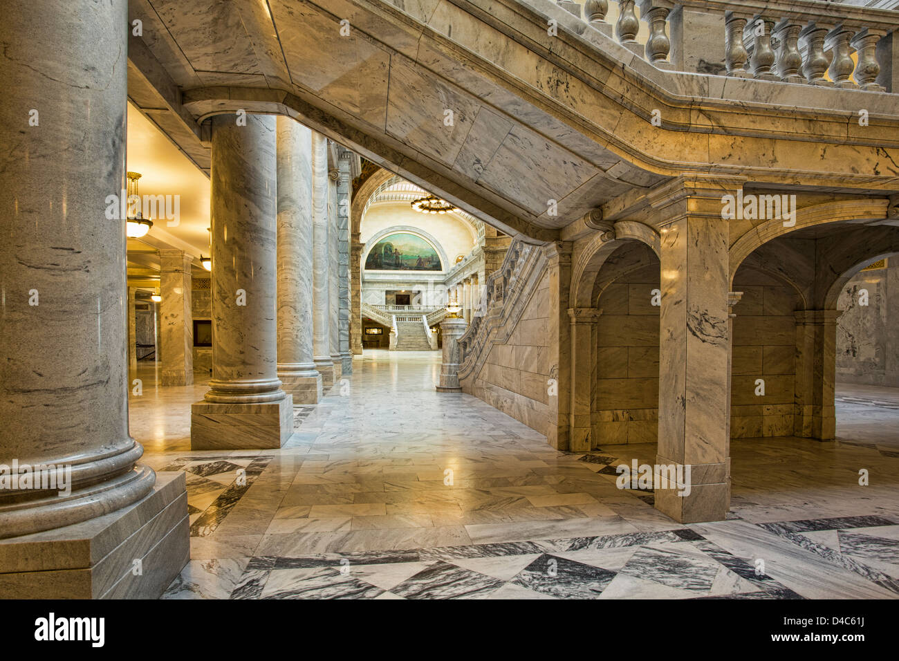 Utah State Capital inside stairs lobby rotunda marble. Utah State ...