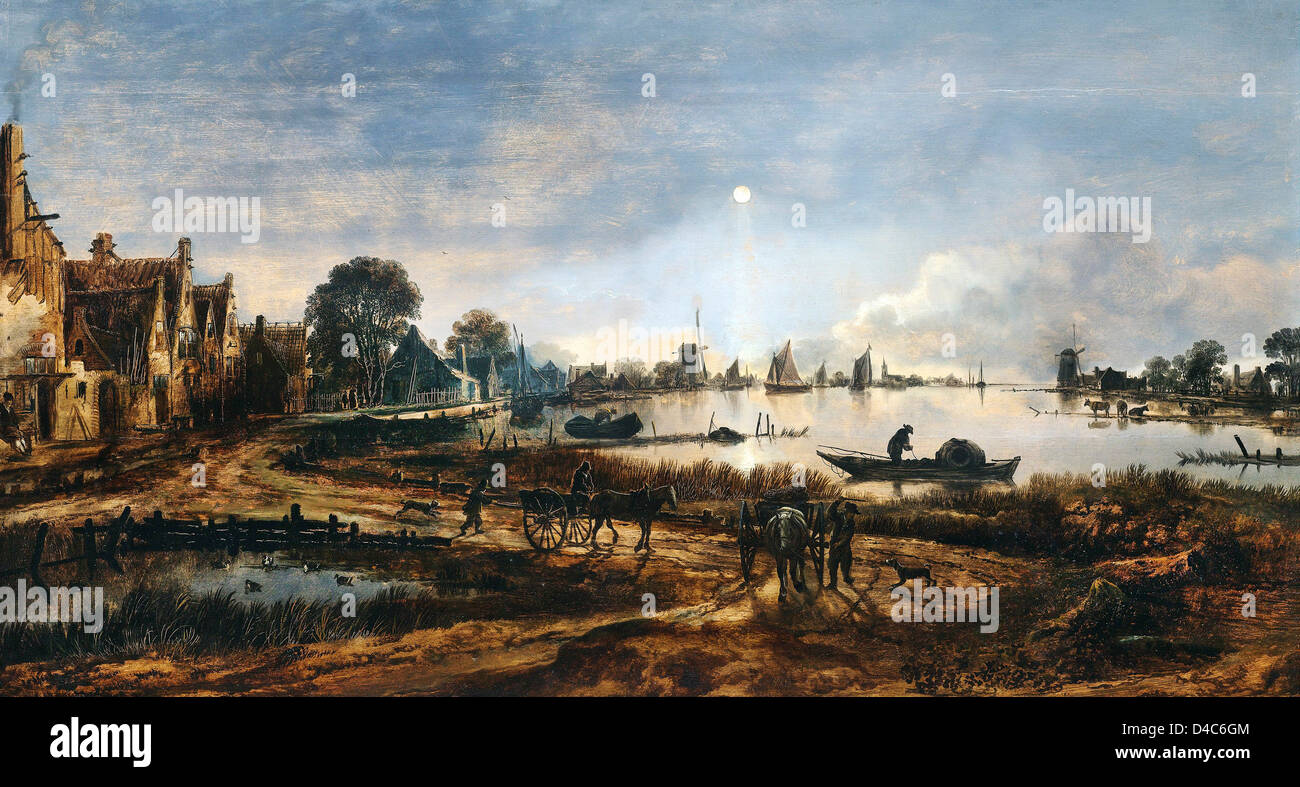 Aert van der Neer, River View by Moonlight. Circa 1645 Oil on canvas ...