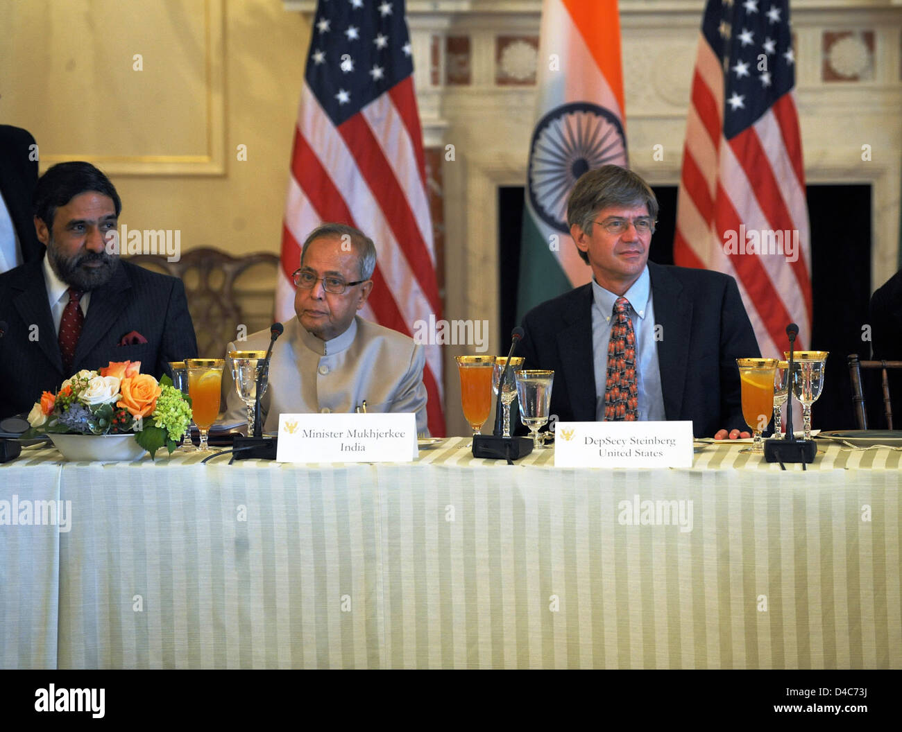 Indian Commerce Minister Sharma, Indian Finance Minister Mukherjee, and ...