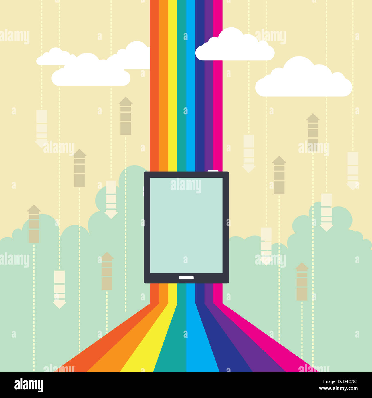 Vector conceptual illustration of a tablet on rainbow lines ...