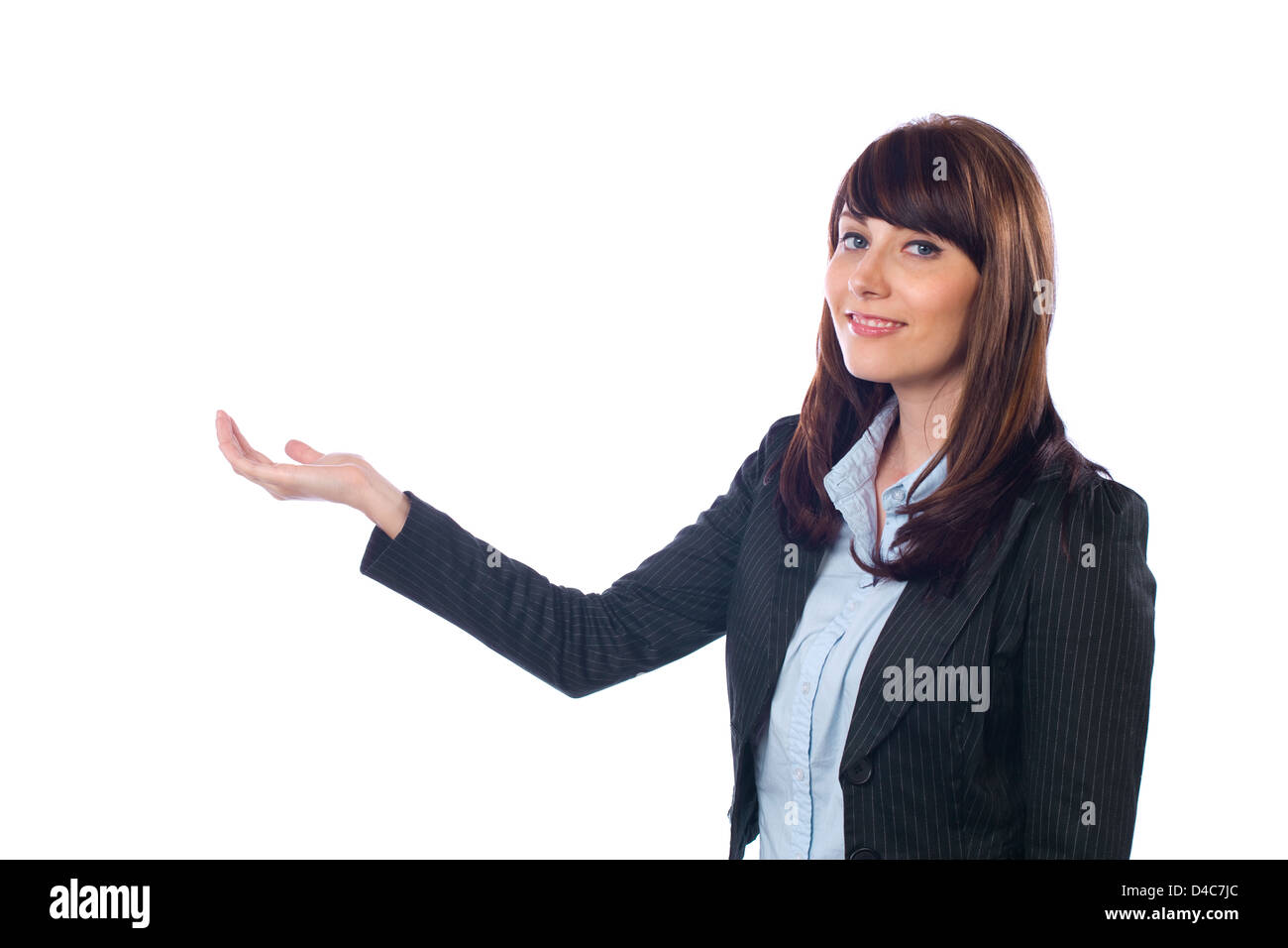 Business woman holding out hand isolated on white Stock Photo - Alamy