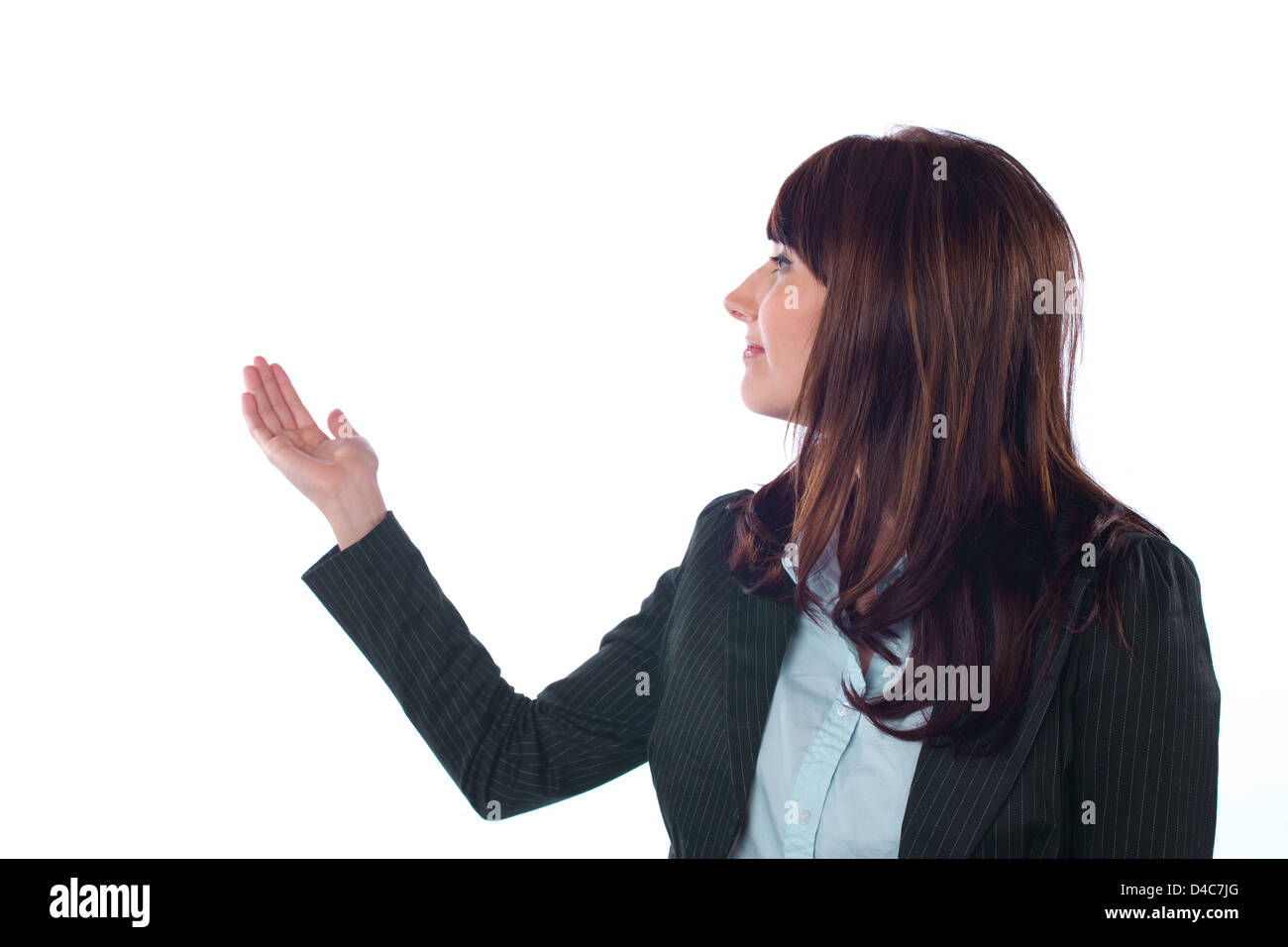 Business woman holding out hand isolated on white Stock Photo - Alamy