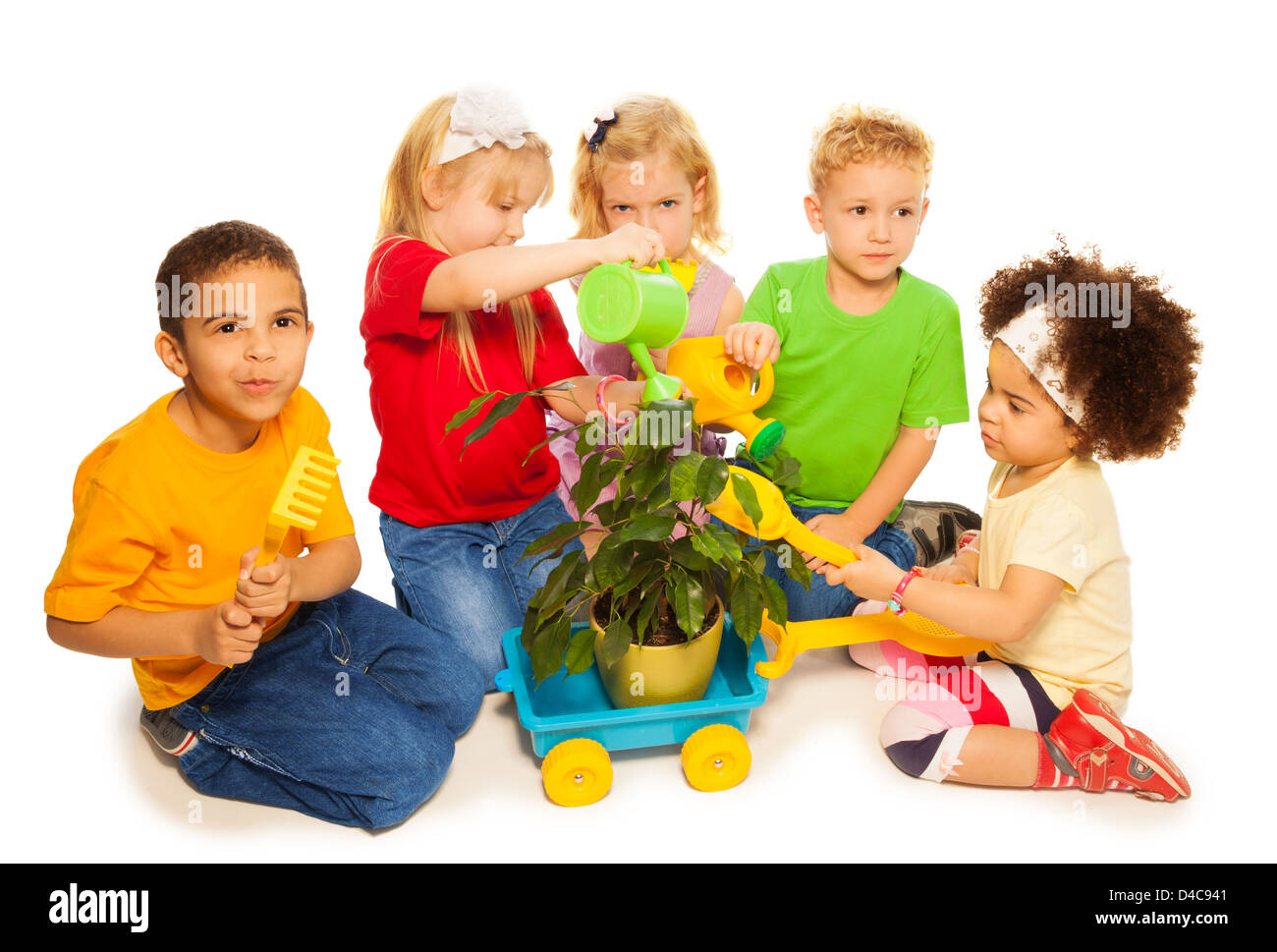 Five little kids playing planting tree and water it in cart, isolated ...