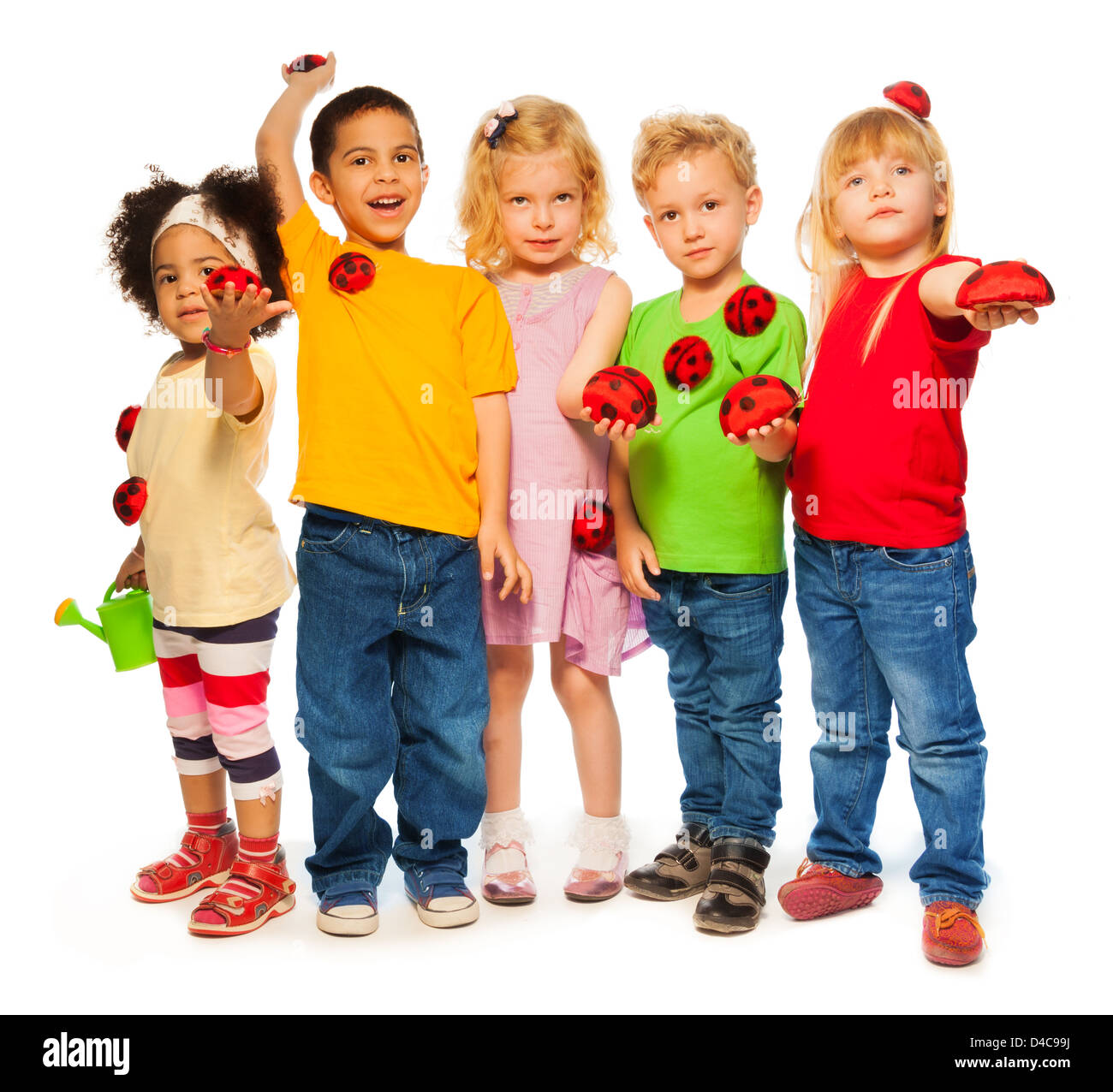 Group of five years old kids with bright watering can and beetles Stock ...