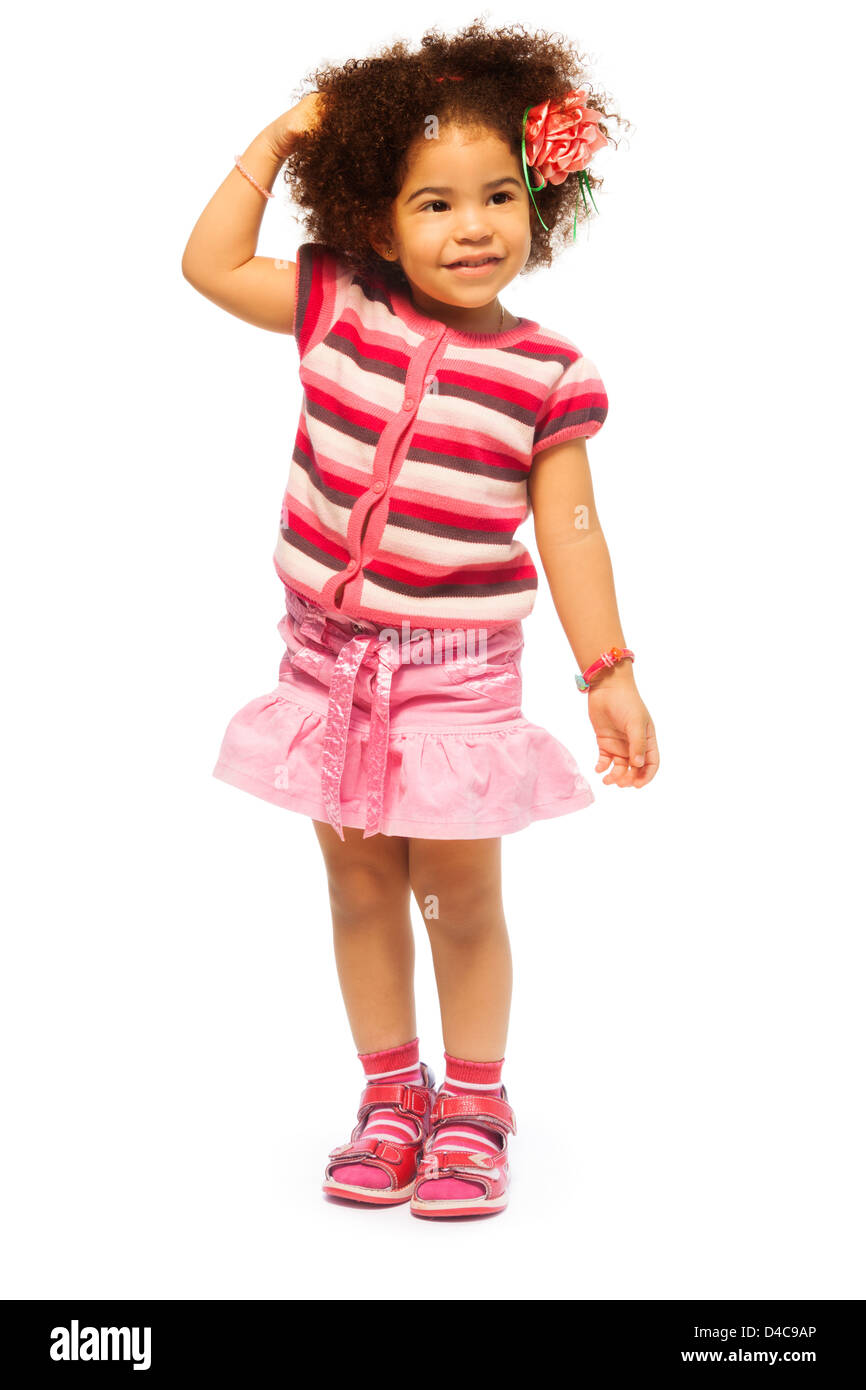 Cute little black girl with fuzzy hair full length portrait with hands ...