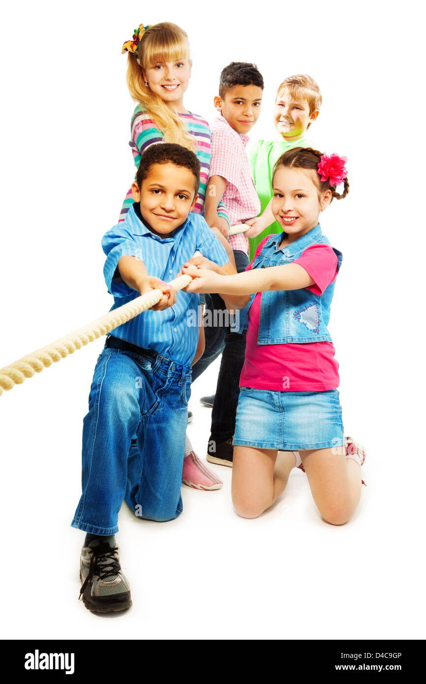 Group of five kids pulling the rope together as a team, isolated on ...