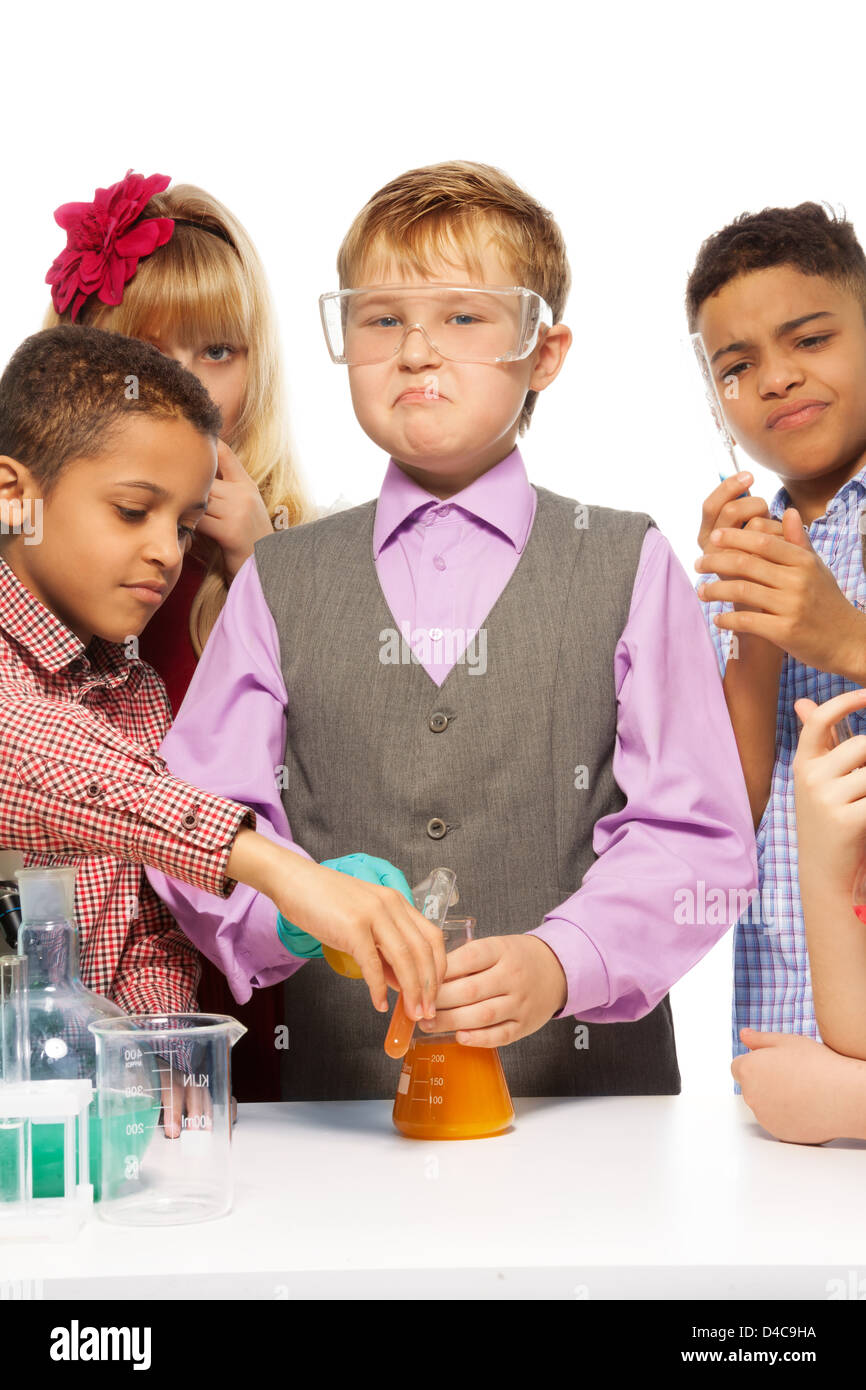 Smart school boy and friends with test lab equipment isolated Stock ...