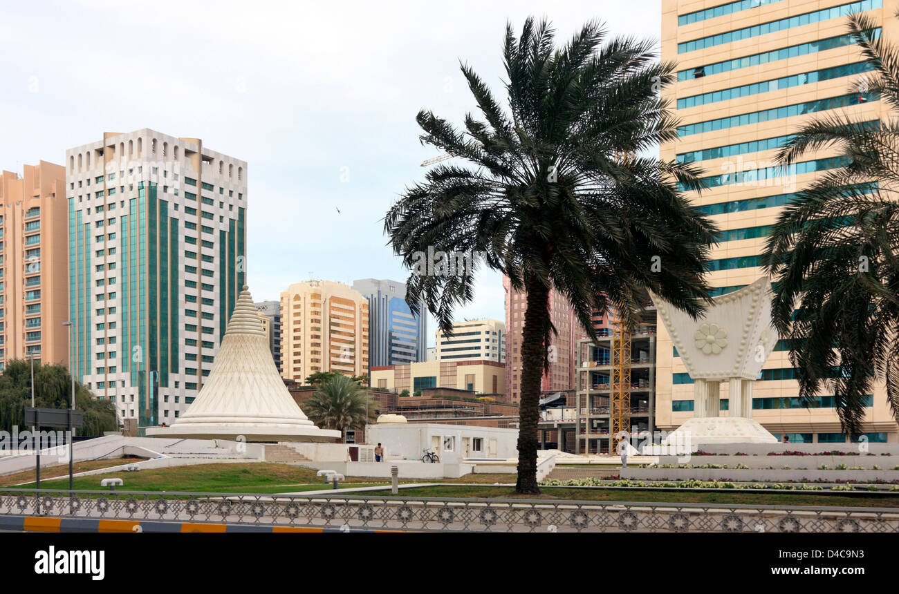 Monuments and high rise buildings on Ittihad Square, Abu Dhabi, United ...