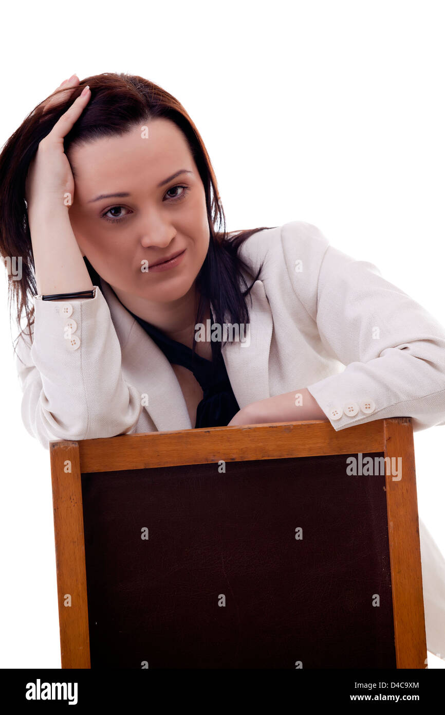 Close up portrait of a secretary on a chair isolated over white ...