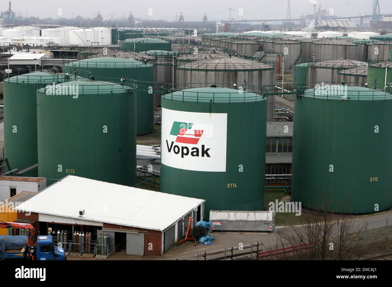 Giant tanks with fuel and crude oil pictured in the harboiur of Hamburg ...