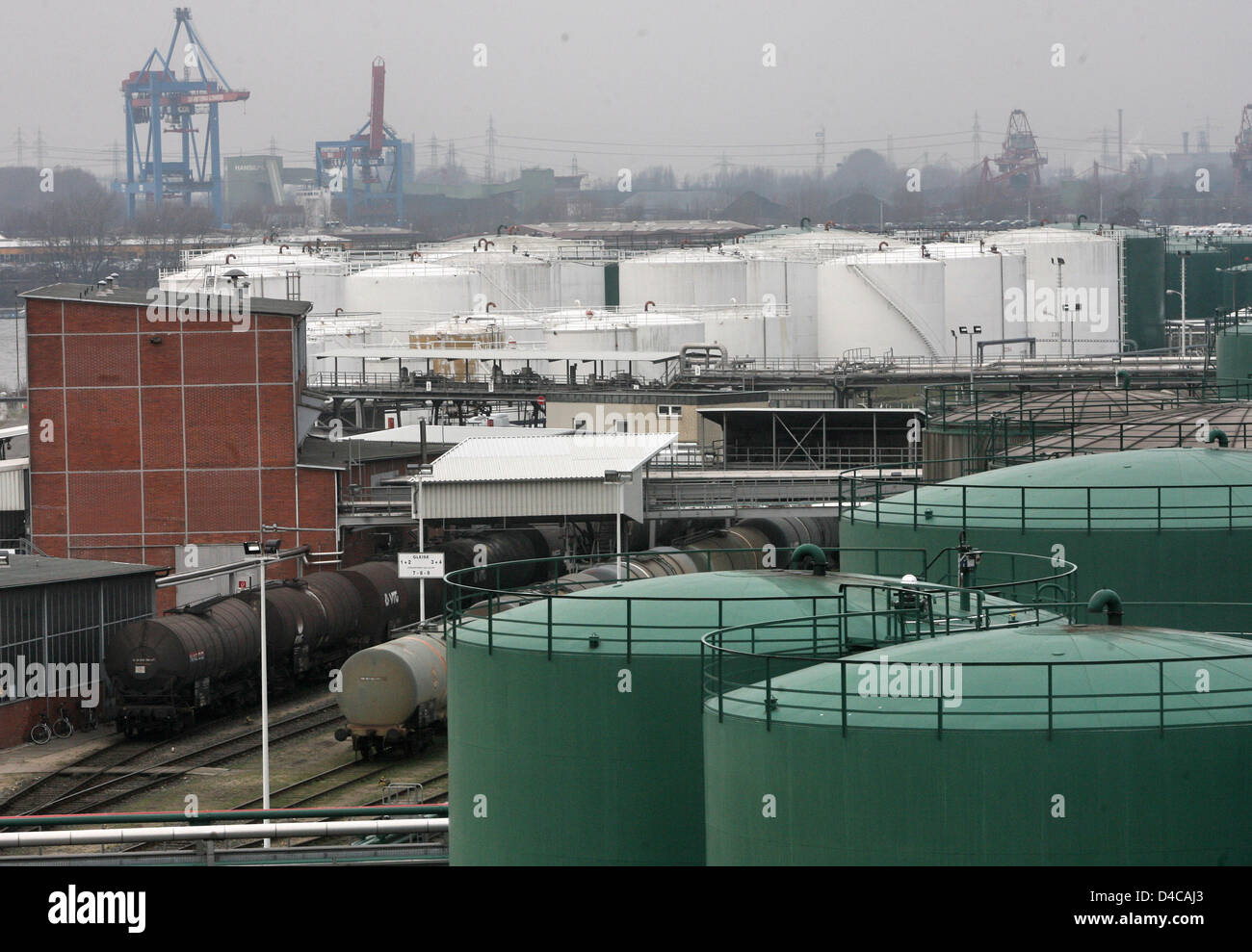 Giant tanks with fuel and crude oil pictured in the harboiur of Hamburg ...