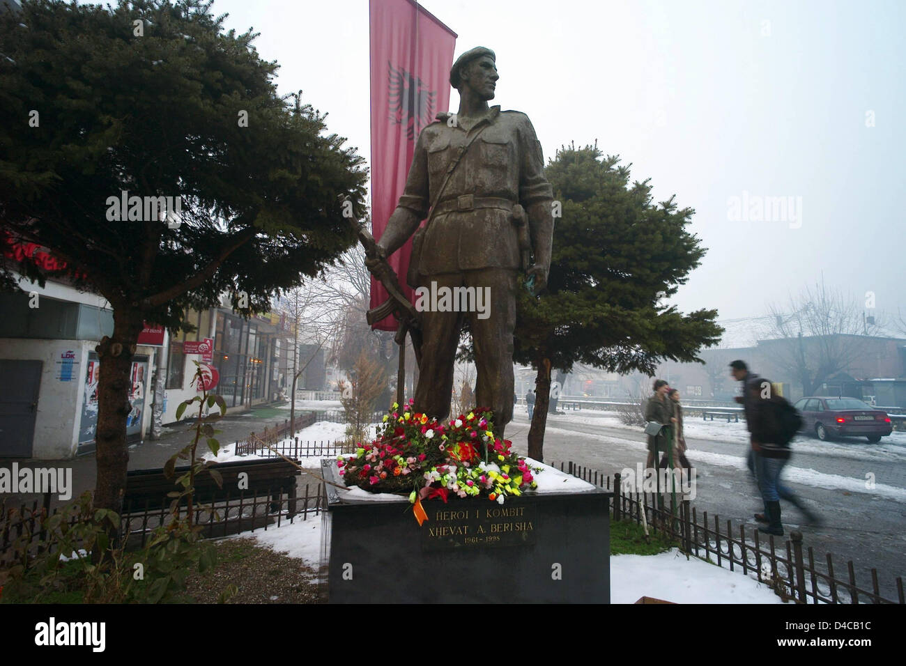A statue commemorates the KIA of the Kosovo Liberation Army (UCK) in ...