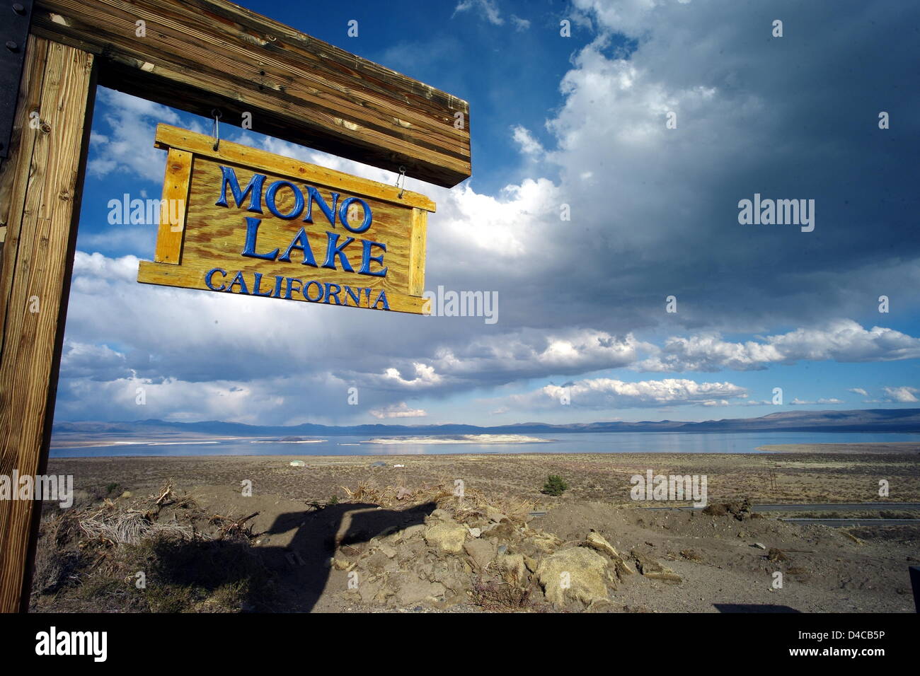 A sign post reading 'Mono Lake' is pictured at the lakeshore of Mono ...