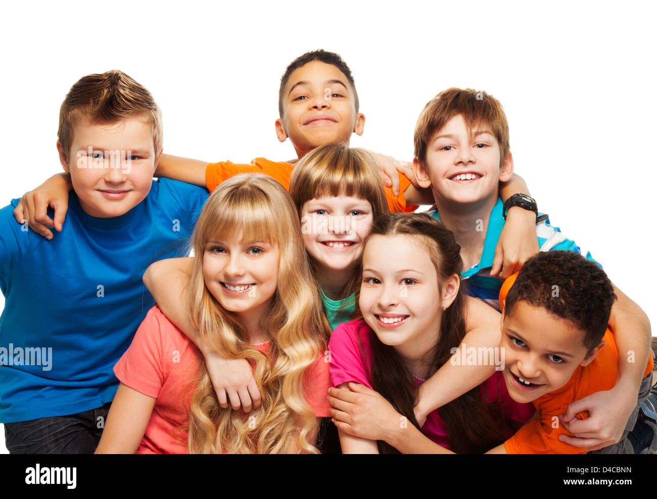 Large group of kids age 8-11 hugging, smiling and laughing, boys and ...