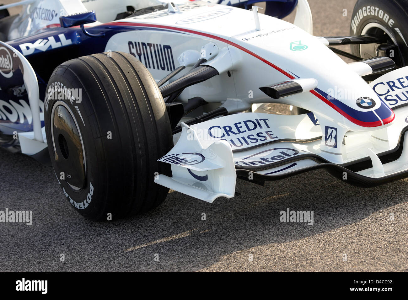 The BMW Sauber 'F1.08' stands at its roll-out on the circuit of ...