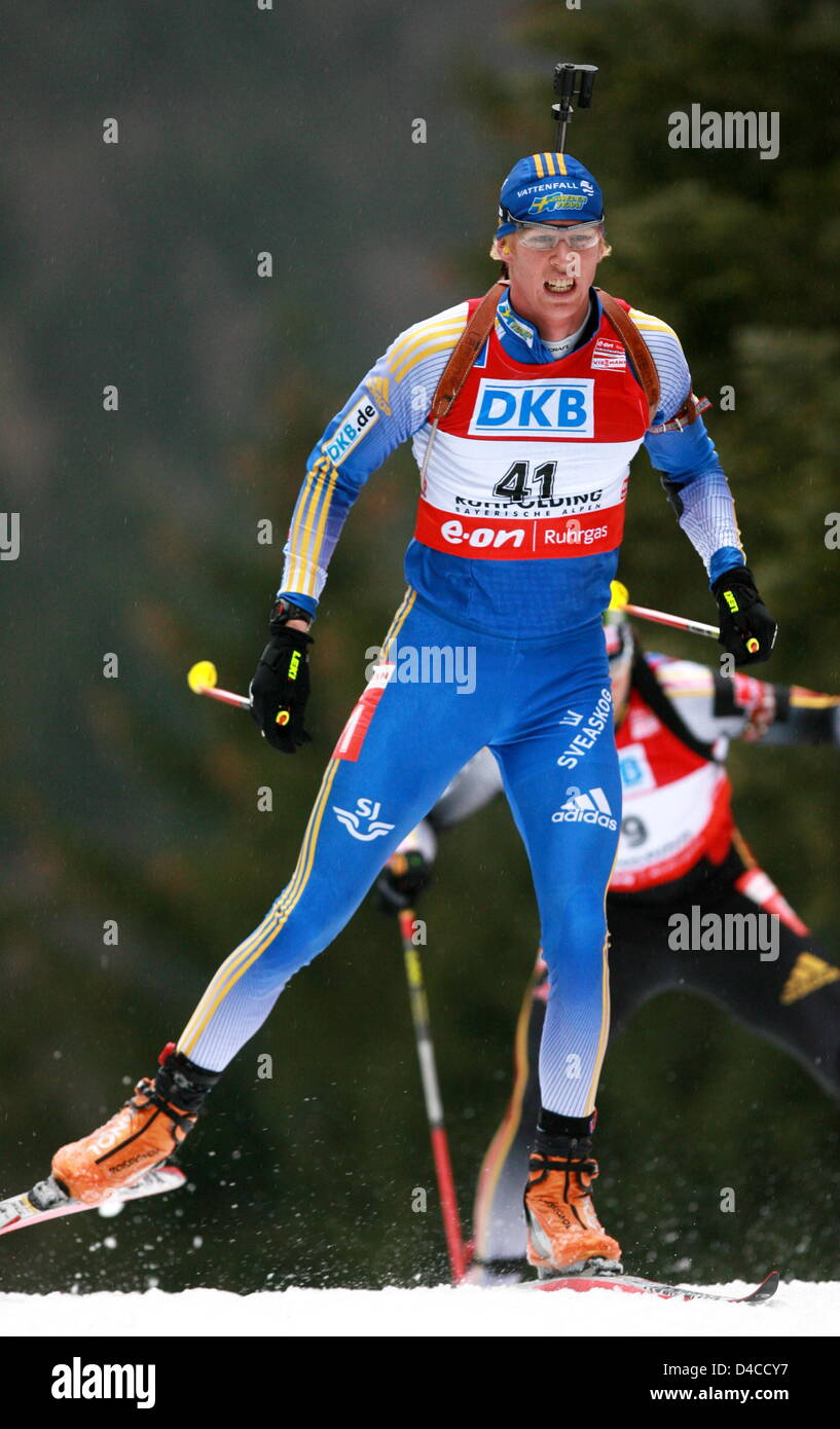 Swedish biathlete Carl Johann Bergmann shown in action during the 10 km ...