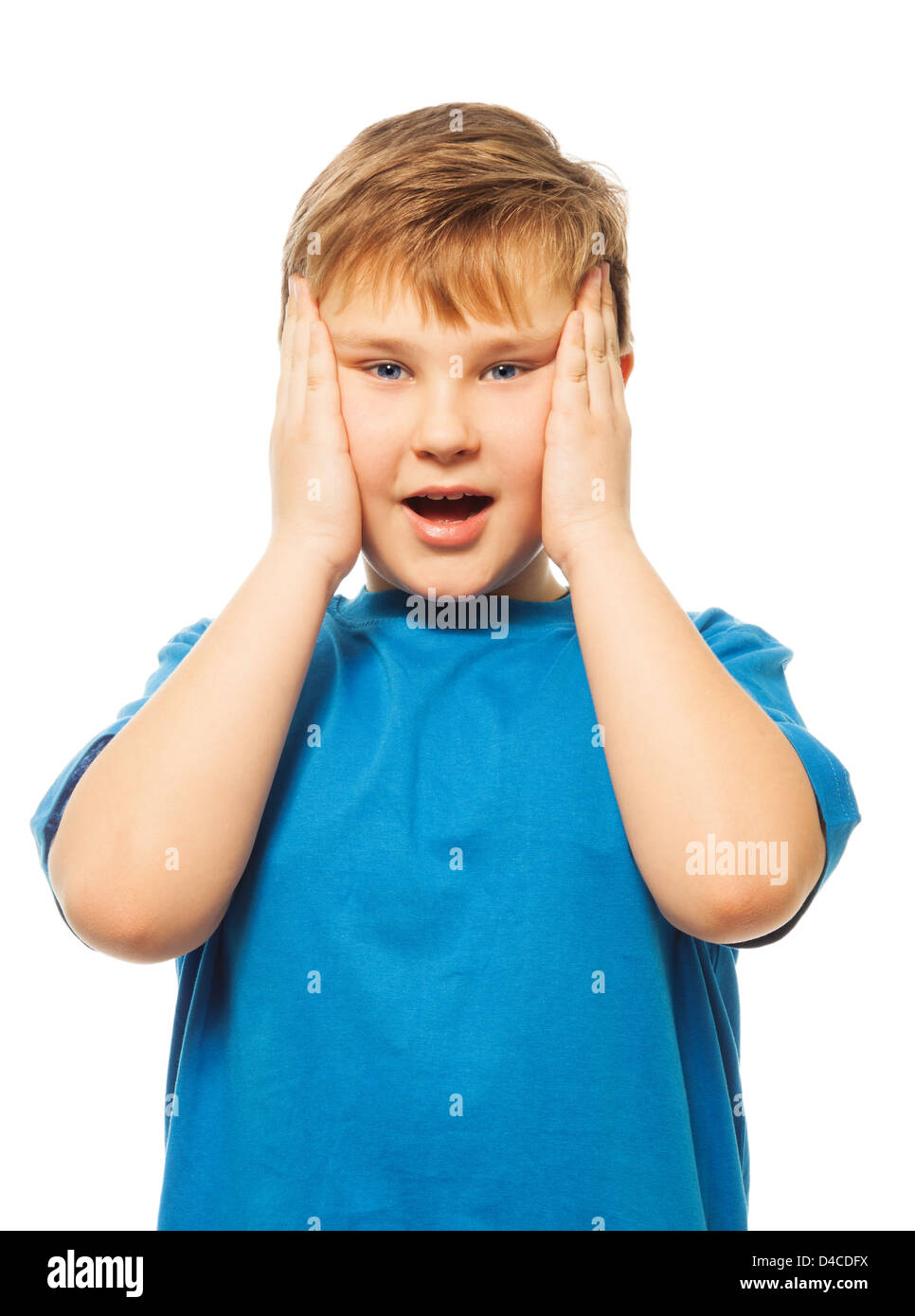 Shocked Caucasian boy expressing his feeling with open mouth and ...