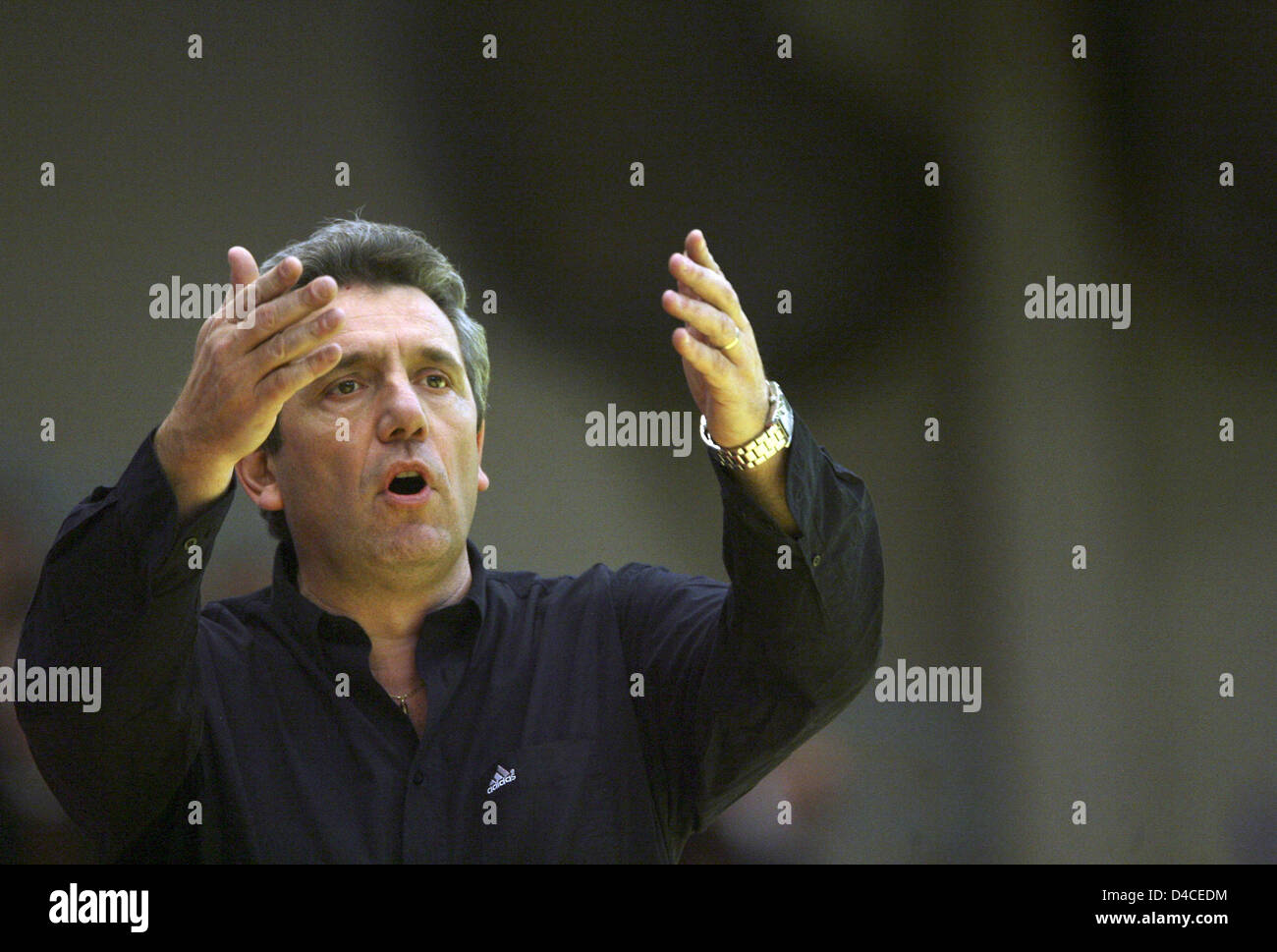 The national handball coach of France Claude Onesta gestures at the ...