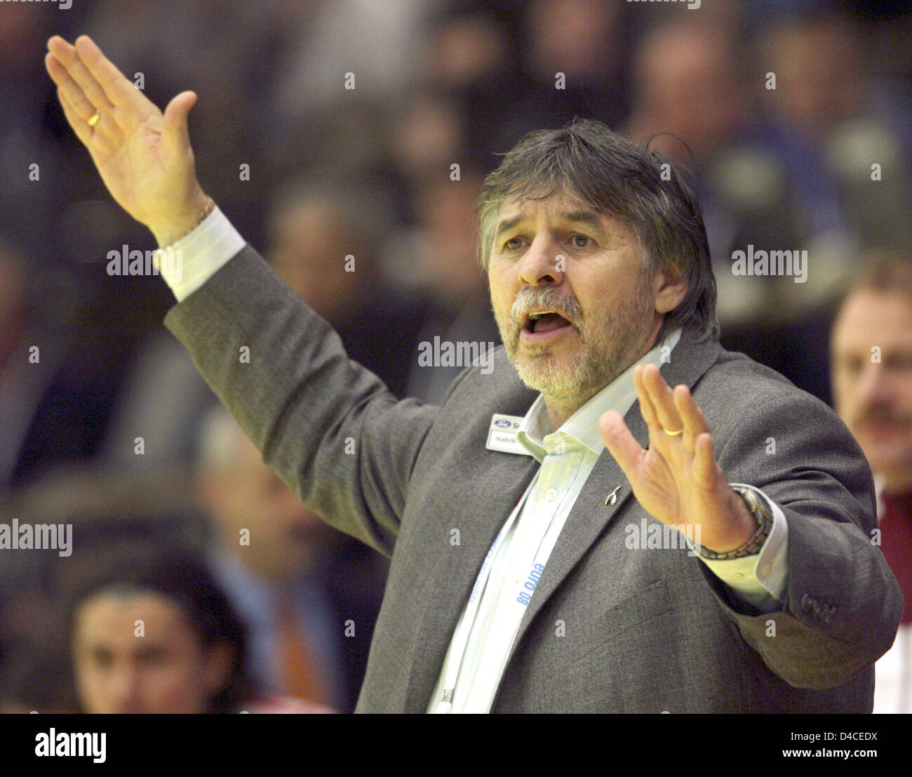 Hungary's national handball coach Laszlo Skaliczky gestures at the side ...