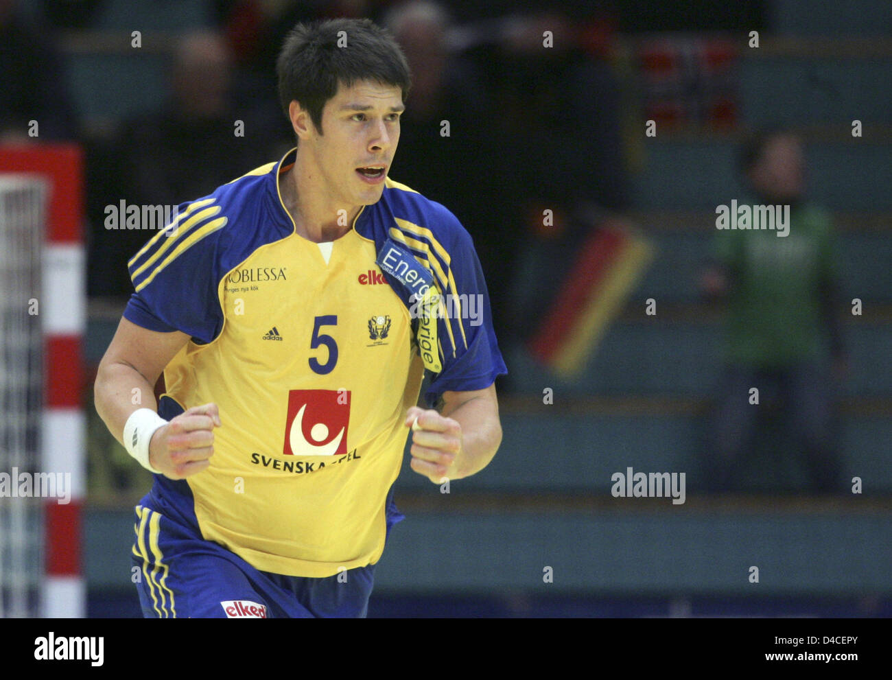 Kim Andersson of Sweden cheers a goal scored in the EHF Euro 2008 group ...