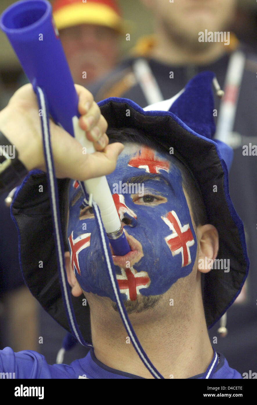 A Viking fan of Iceland cheers his team before the EHF Euro 2008 group ...