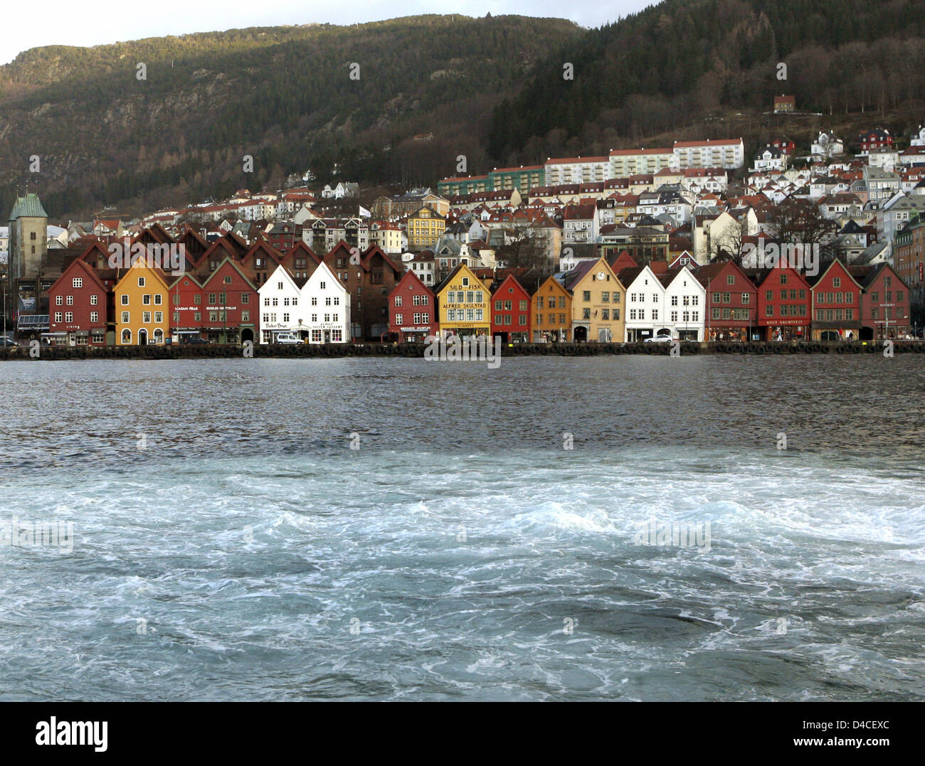 The photo depicts a general view of the so called 'Bryggen' houses on ...