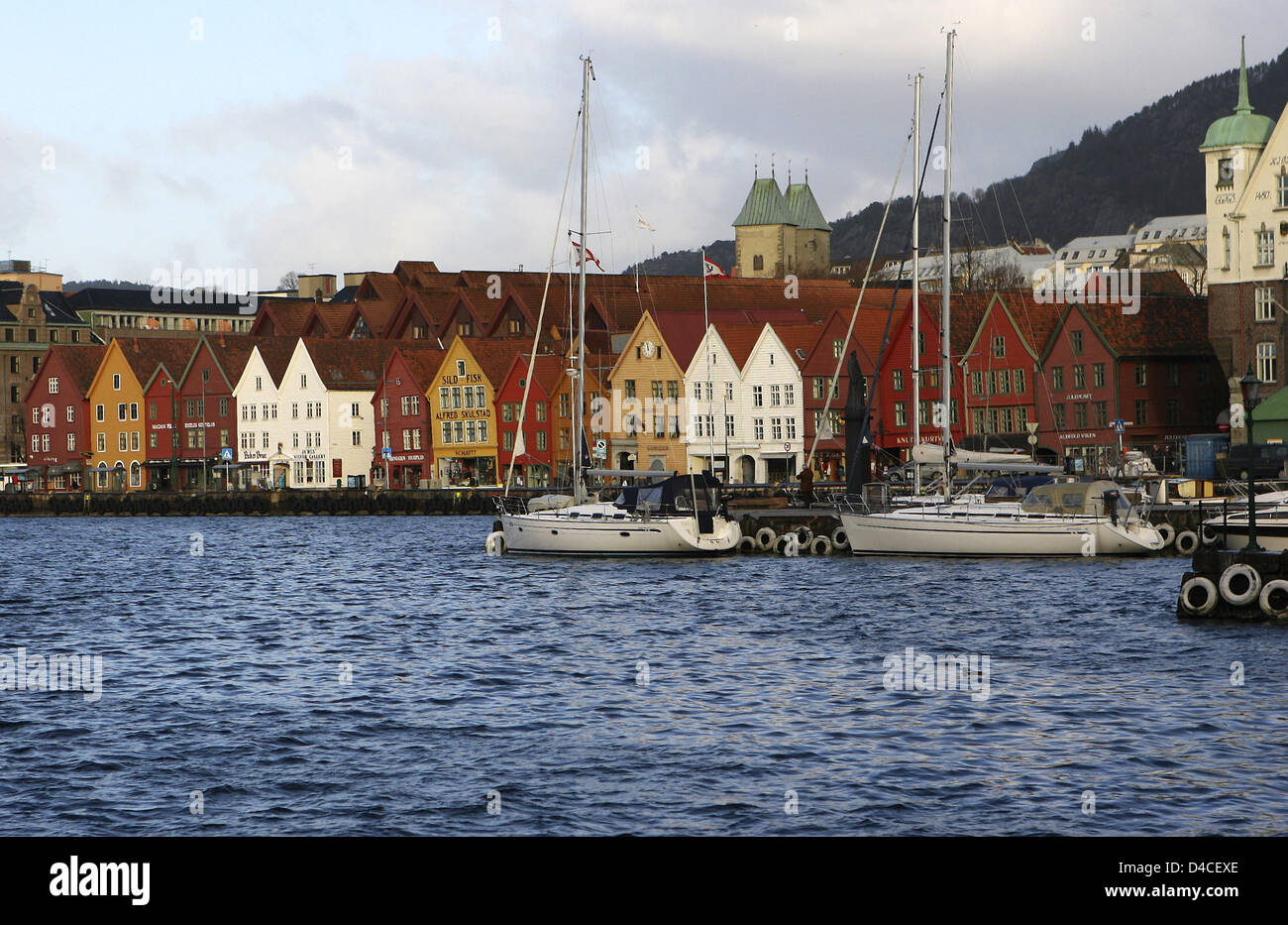 The photo depicts a general view of the so called 'Bryggen' houses on ...