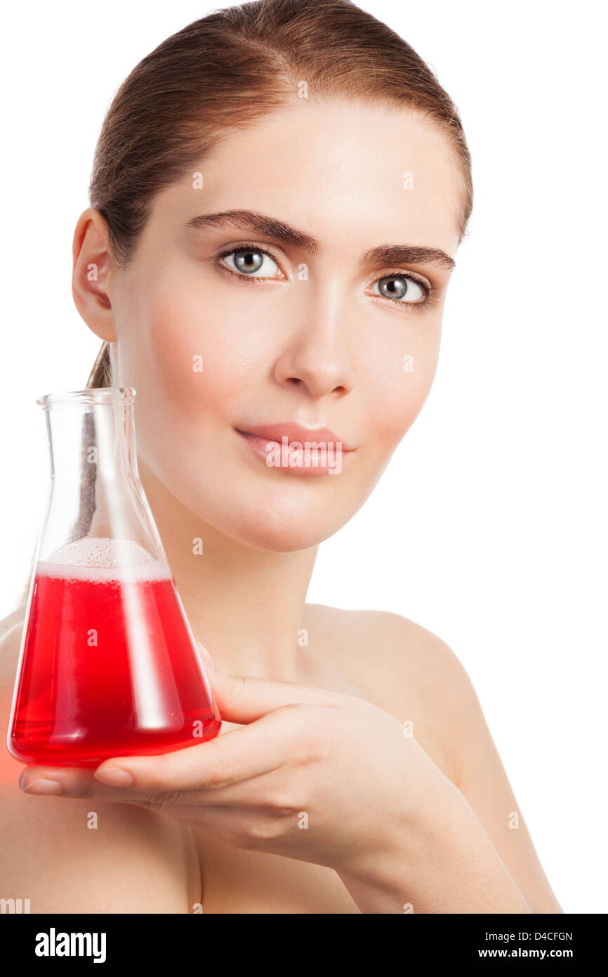 Makeup laboratory beauty scientist portrait - woman holding tube glass ...