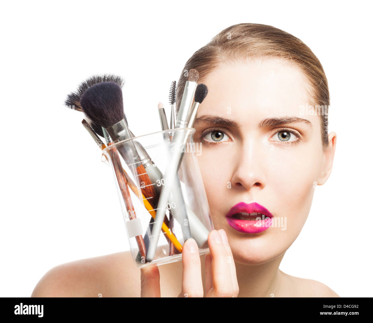 Beauty clean portrait of attractive woman holding lab glass with makeup ...