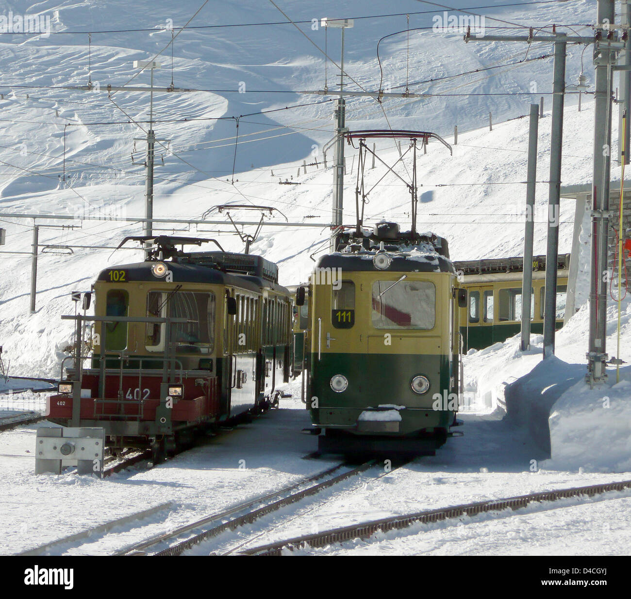 Trains of the Wengeralp rail at the Kleine Scheidegg mountain pass ...