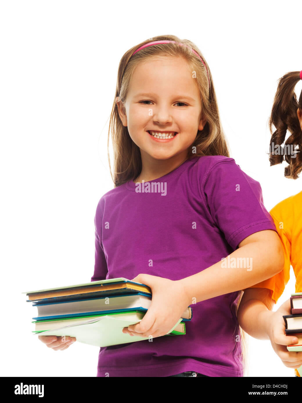 Happy smiling 6 years old girl portrait in purple isolated on white ...
