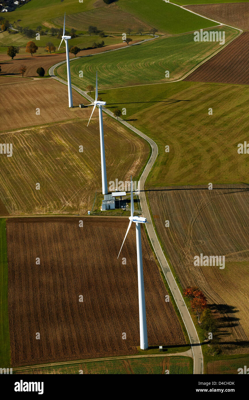 Three wind turbines on fields, Engen, Hegau, Baden-Wuerttemberg ...