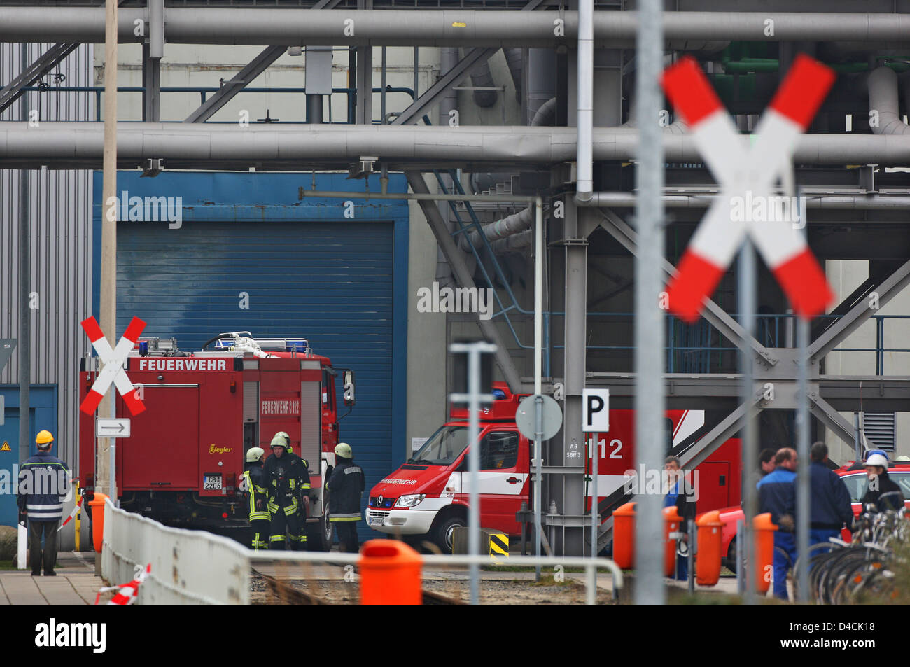 A fire engine is deployed in front of brown coal power plant ...