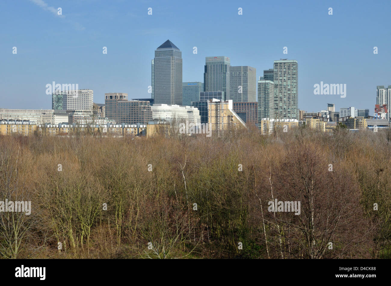 View of Docklands Canary Wharf from Stave Hill, Russia Dock Woodland ...