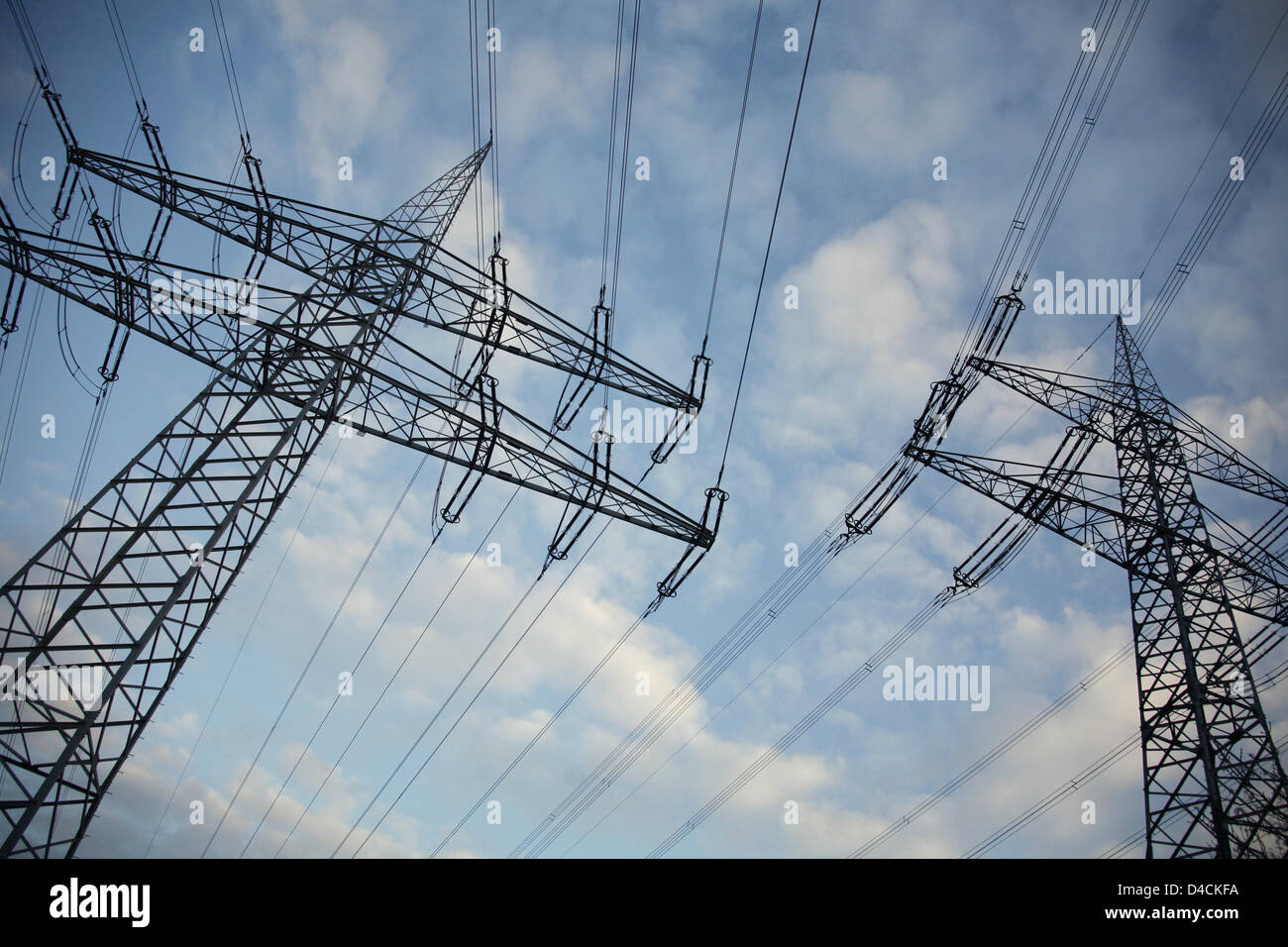The picture shows power poles near Hanau, in Grosskrotzenburg, Germany ...