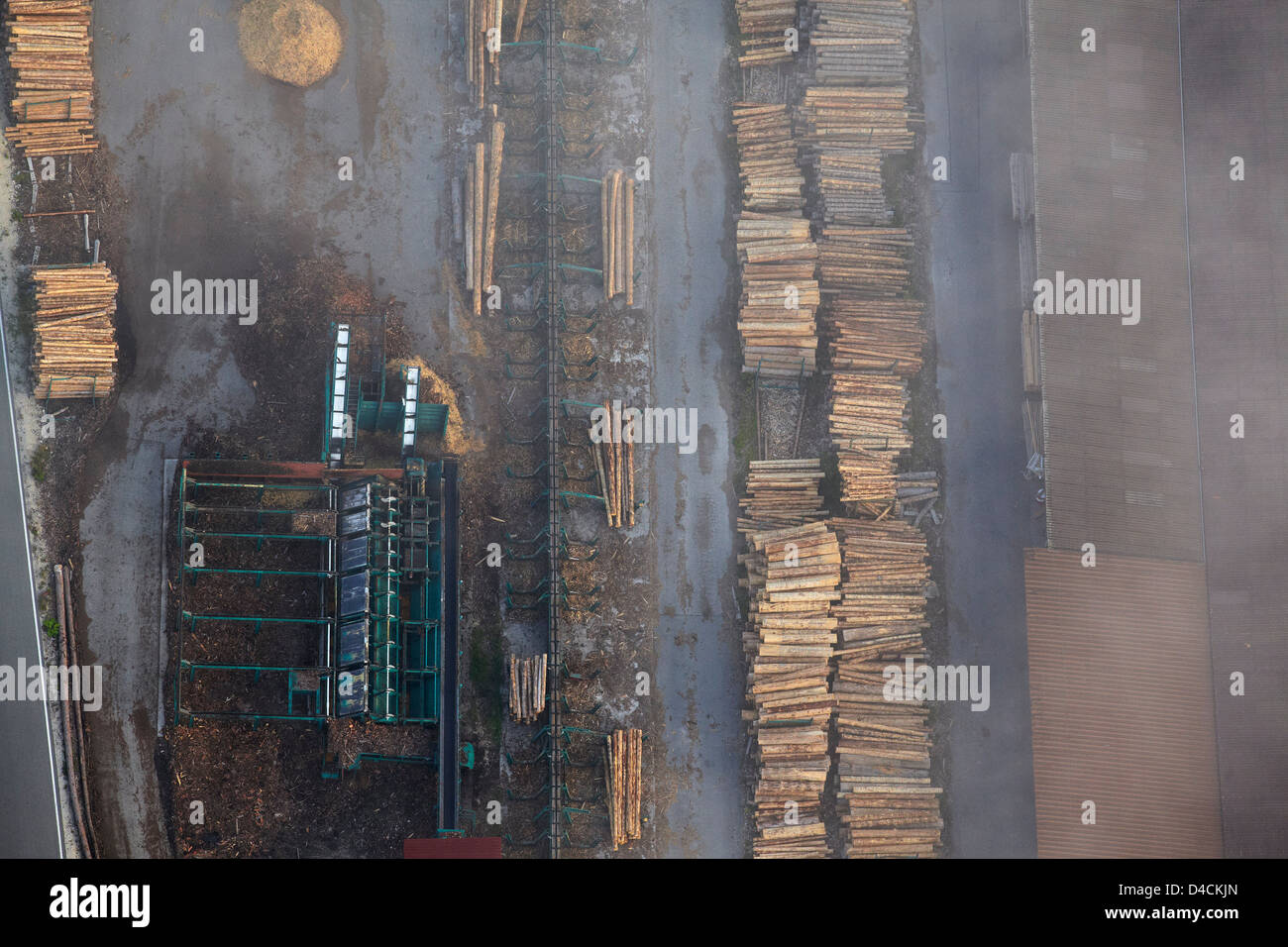 Wooden saw mill with stacks of wood, Messkirch, Oberschwaben, Baden ...