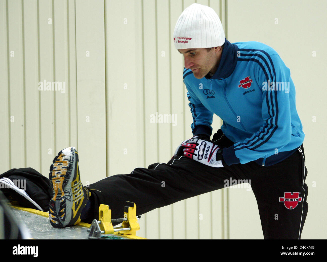 German Ronny Ackermann stretches prior to a practice session for the ...