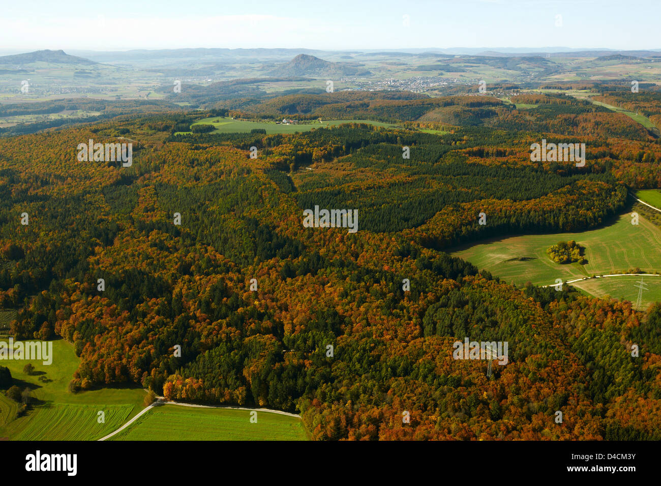 Forest and fields with Hohenstoffeln and Hohenhewen, Hegau, Baden ...