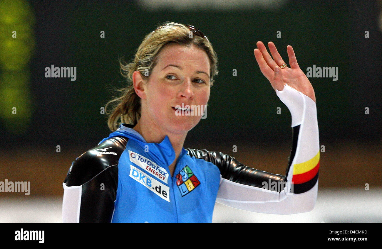 German speed skater Claudia Pechstein waves after her 500m heat at the ...