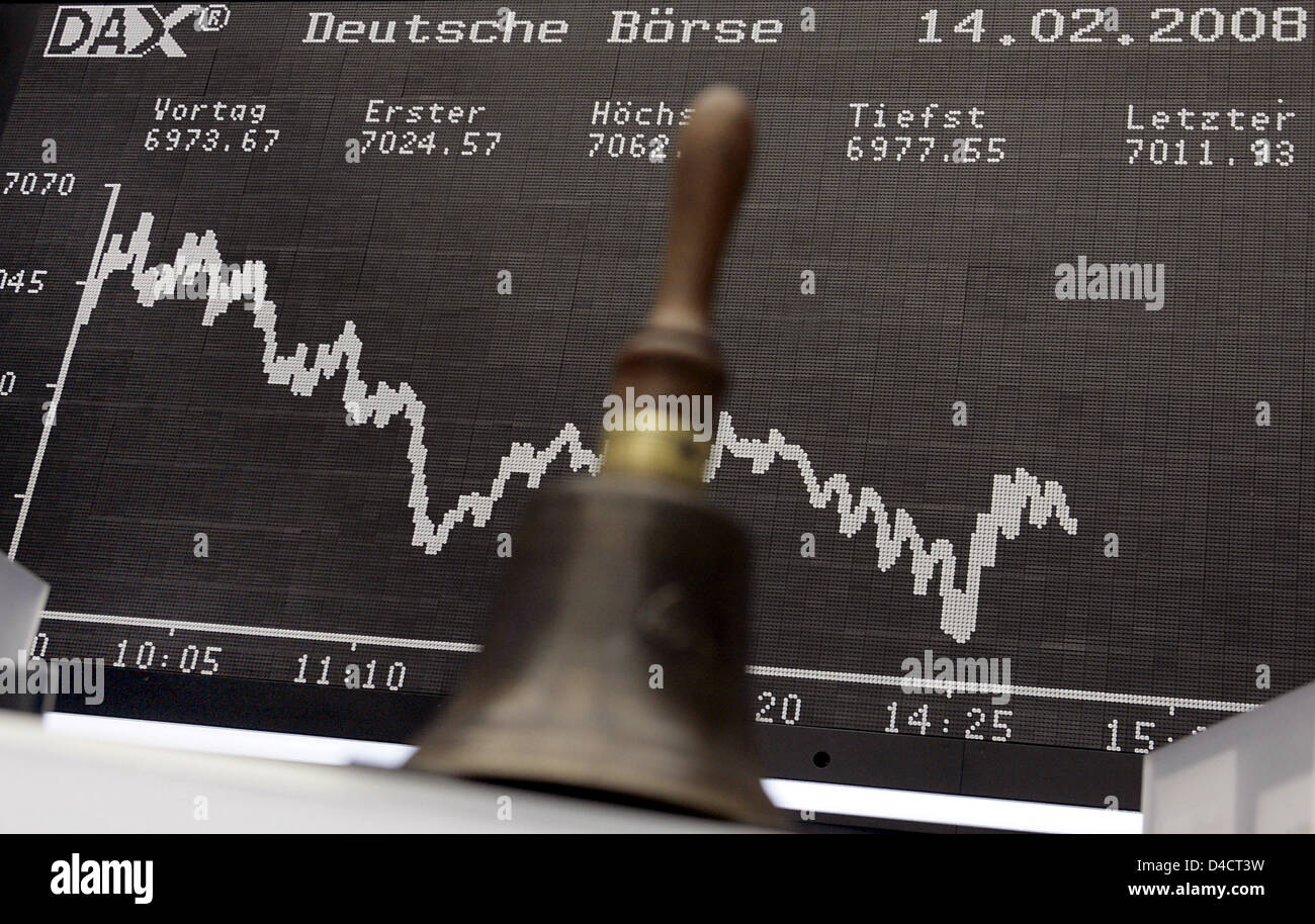 The traditional stock exchange bell is pictured in front of a display ...