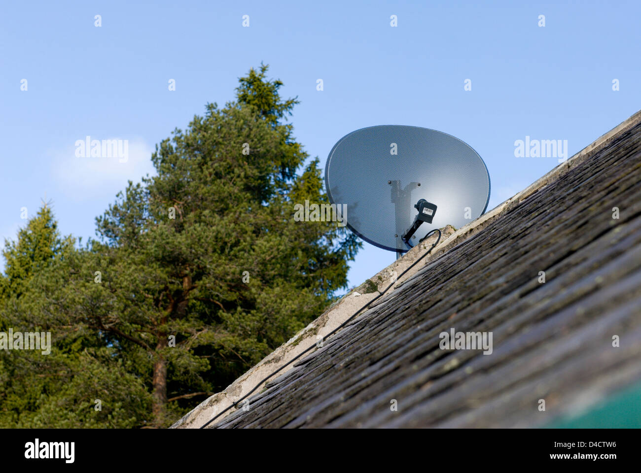 Satellite aerial dish on a remote house in rural Aberdeenshire Stock ...