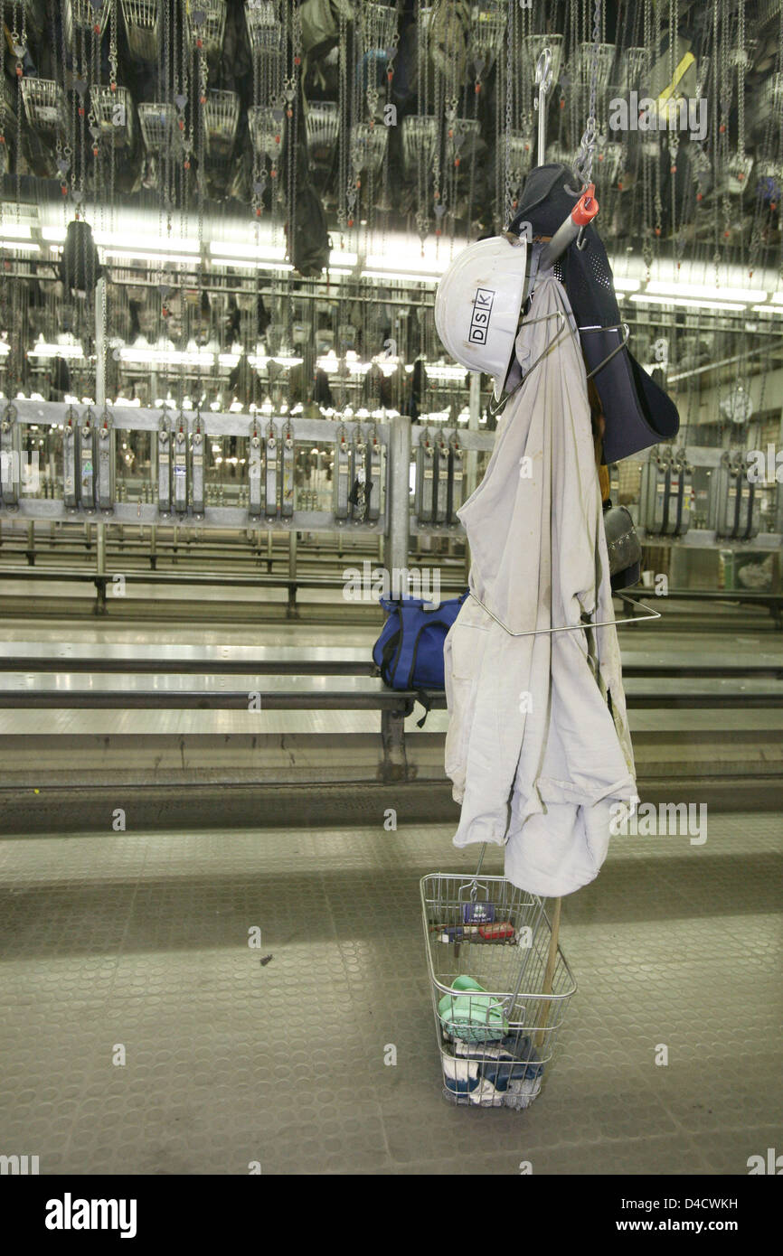 A miner's working clothes depicted in the locker room of coal mine ...
