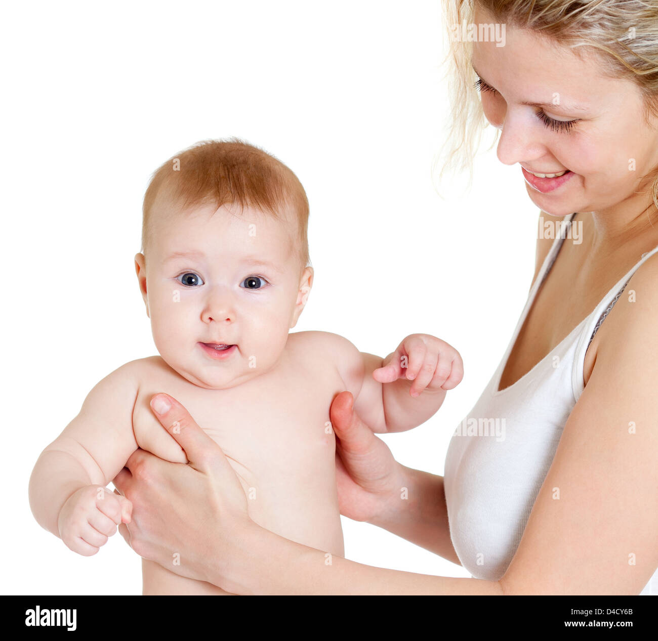loving mother supporting her child on white background Stock Photo - Alamy