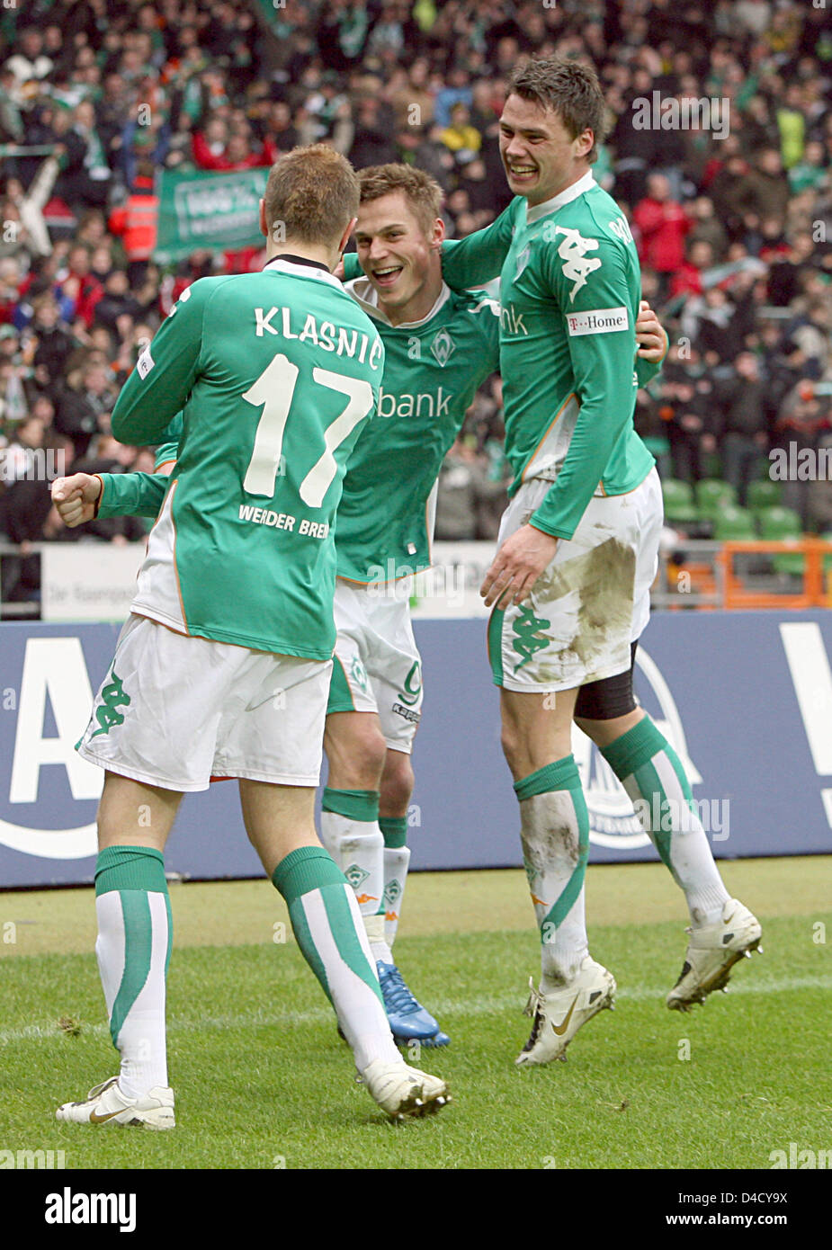 Bremen striker Markus Rosenberg (C) cheers his offside 1-0 with his ...